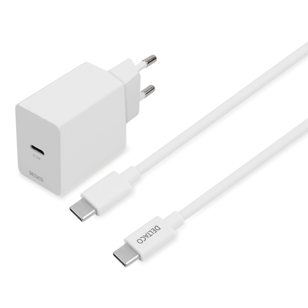 Kjøp Deltaco USB-C lader med kabel, 1 m, 20W på nett | Enklere Liv